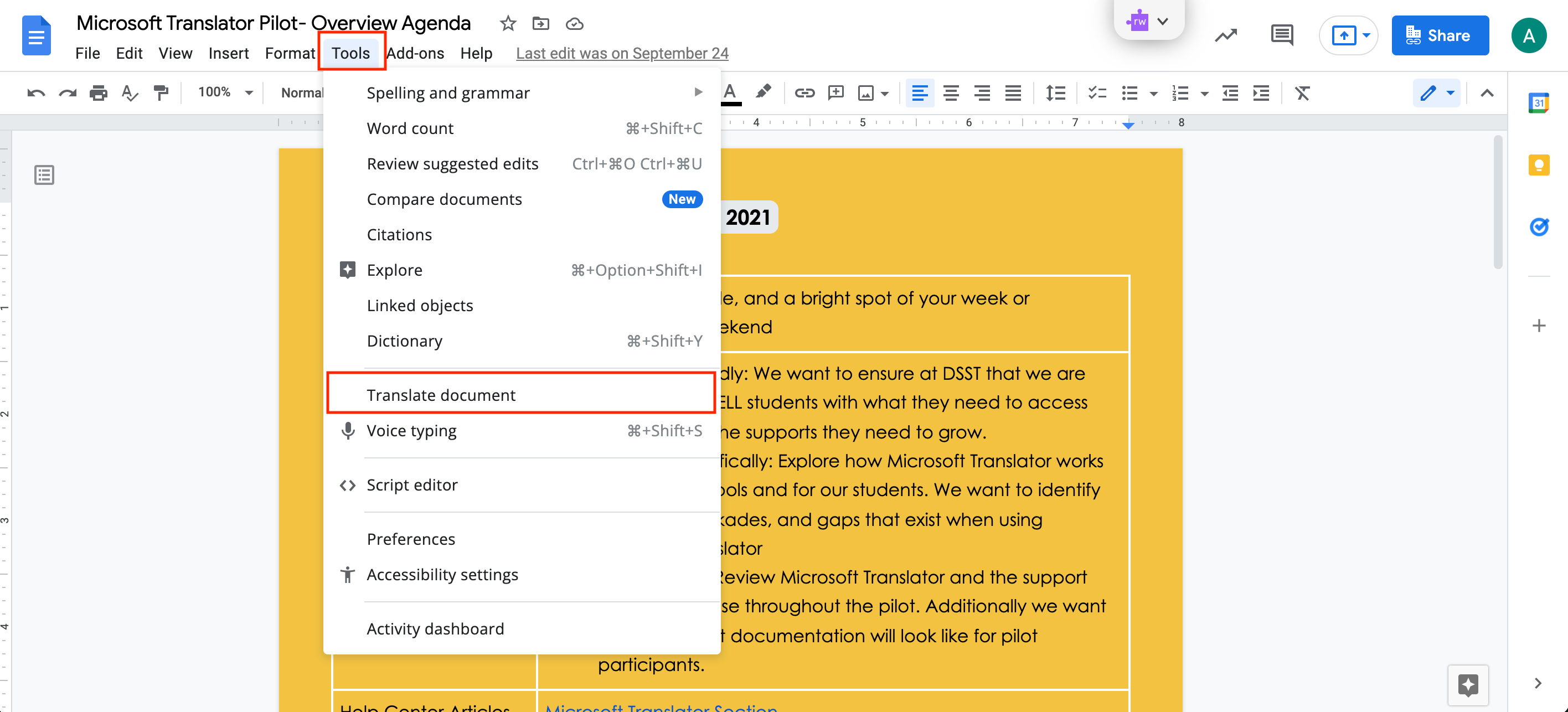 Google Docs Translation Feature – Denver School of Science & Technology